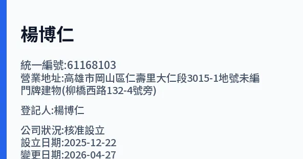 楊博仁的照片-統編 61168103(高雄市) 公司登記資料與營業項目詳細圖表