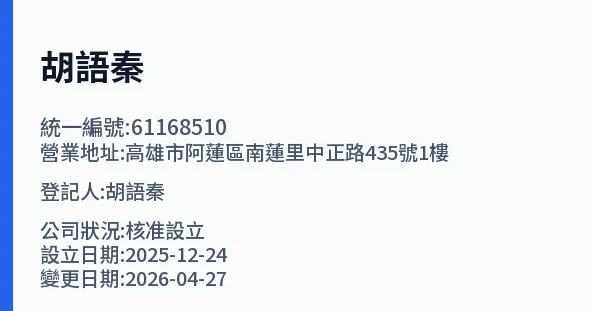 胡語秦的照片-統編 61168510(高雄市) 公司登記資料與營業項目詳細圖表