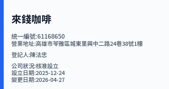 來錢咖啡的照片-統編 61168650(高雄市) 公司登記資料與營業項目詳細圖表