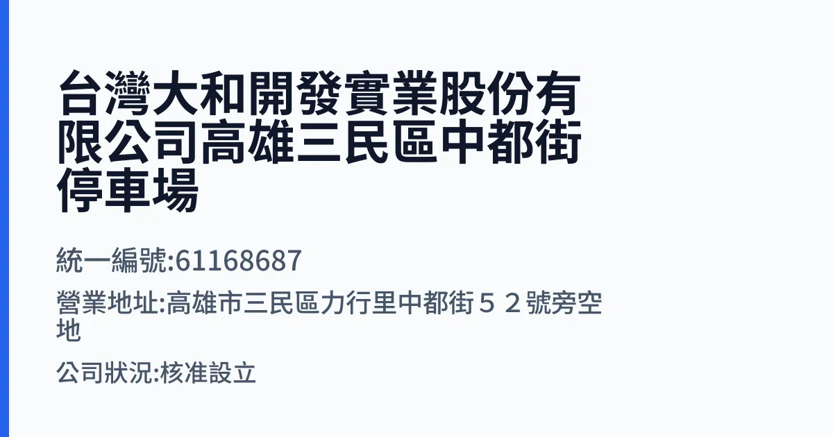 台灣大和開發實業股份有限公司高雄三民區中都街停車場 - 統編 61168687(高雄市) 公司登記資料與營業項目詳細圖表