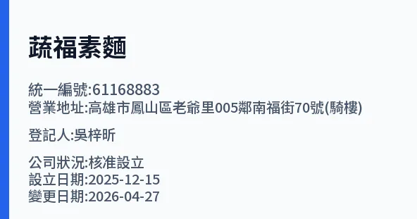 蔬福素麵的照片-統編 61168883(高雄市) 公司登記資料與營業項目詳細圖表