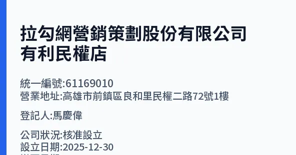 拉勾網營銷策劃股份有限公司有利民權店的照片-統編 61169010(高雄市) 公司登記資料與營業項目詳細圖表