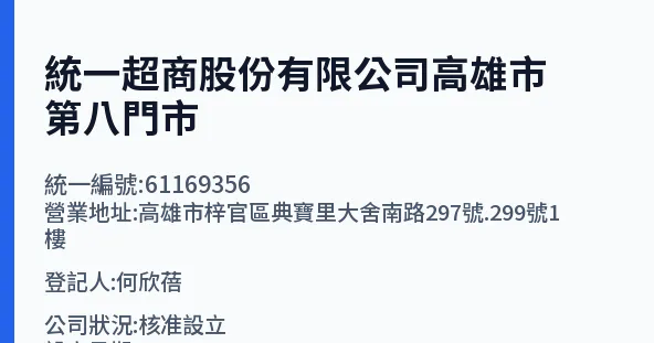 統一超商股份有限公司高雄市第八門市的照片-統編 61169356(高雄市) 公司登記資料與營業項目詳細圖表