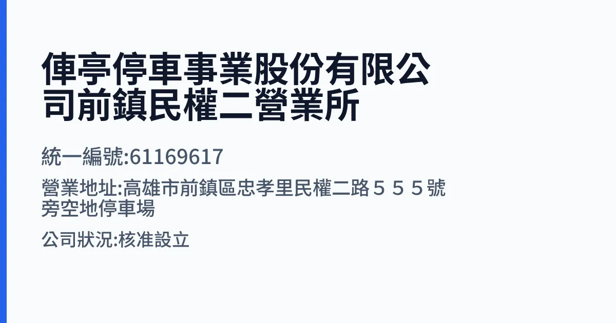 俥亭停車事業股份有限公司前鎮民權二營業所 - 統編 61169617(高雄市) 公司登記資料與營業項目詳細圖表