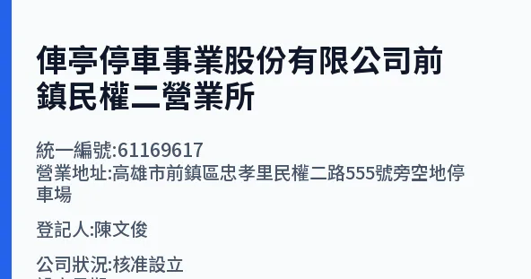 俥亭停車事業股份有限公司前鎮民權二營業所的照片-統編 61169617(高雄市) 公司登記資料與營業項目詳細圖表