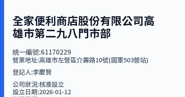 全家便利商店股份有限公司高雄市第二九八門市部的照片-統編 61170229(高雄市) 公司登記資料與營業項目詳細圖表