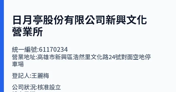 日月亭股份有限公司新興文化營業所的照片-統編 61170234(高雄市) 公司登記資料與營業項目詳細圖表