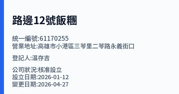 路邊12號飯糰的照片-統編 61170255(高雄市) 公司登記資料與營業項目詳細圖表