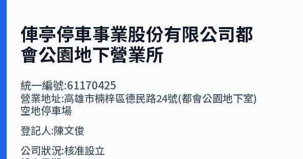 俥亭停車事業股份有限公司都會公園地下營業所的照片-統編 61170425(高雄市) 公司登記資料與營業項目詳細圖表