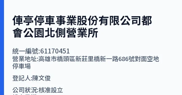 俥亭停車事業股份有限公司都會公園北側營業所的照片-統編 61170451(高雄市) 公司登記資料與營業項目詳細圖表