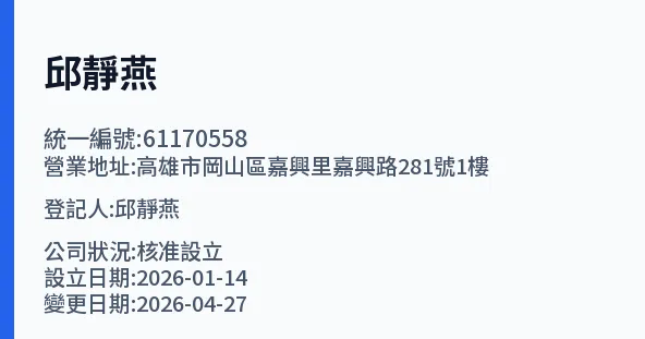 邱靜燕的照片-統編 61170558(高雄市) 公司登記資料與營業項目詳細圖表