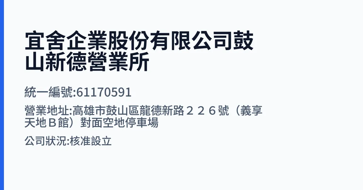 宜舍企業股份有限公司鼓山新德營業所 - 統編 61170591(高雄市) 公司登記資料與營業項目詳細圖表