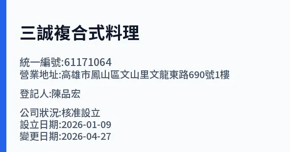 三誠複合式料理的照片-統編 61171064(高雄市) 公司登記資料與營業項目詳細圖表