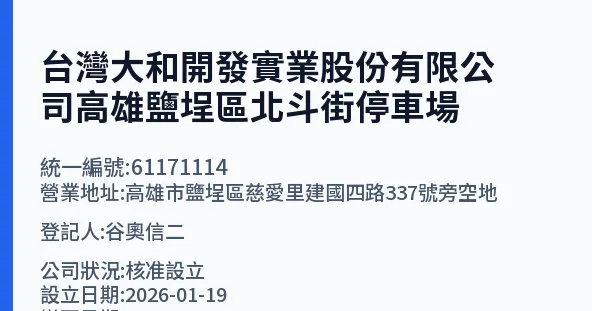 台灣大和開發實業股份有限公司高雄鹽埕區北斗街停車場的照片-統編 61171114(高雄市) 公司登記資料與營業項目詳細圖表