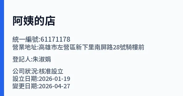 阿姨的店的照片-統編 61171178(高雄市) 公司登記資料與營業項目詳細圖表