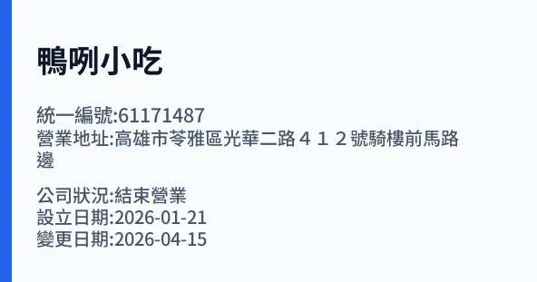鴨咧小吃的照片-統編 61171487(高雄市) 公司登記資料與營業項目詳細圖表