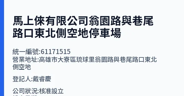 馬上倈有限公司翁園路與巷尾路口東北側空地停車場的照片-統編 61171515(高雄市) 公司登記資料與營業項目詳細圖表