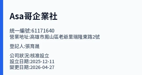 Asa哥企業社的照片-統編 61171640(高雄市) 公司登記資料與營業項目詳細圖表
