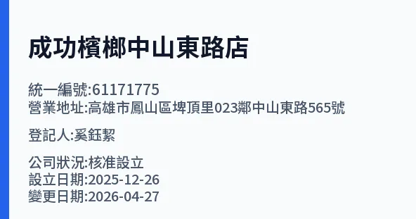成功檳榔中山東路店的照片-統編 61171775(高雄市) 公司登記資料與營業項目詳細圖表