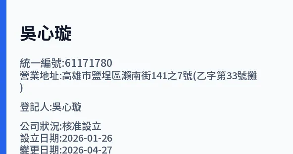 吳心璇的照片-統編 61171780(高雄市) 公司登記資料與營業項目詳細圖表