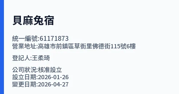 貝麻兔宿的照片-統編 61171873(高雄市) 公司登記資料與營業項目詳細圖表