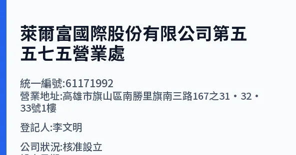 萊爾富國際股份有限公司第五五七五營業處的照片-統編 61171992(高雄市) 公司登記資料與營業項目詳細圖表
