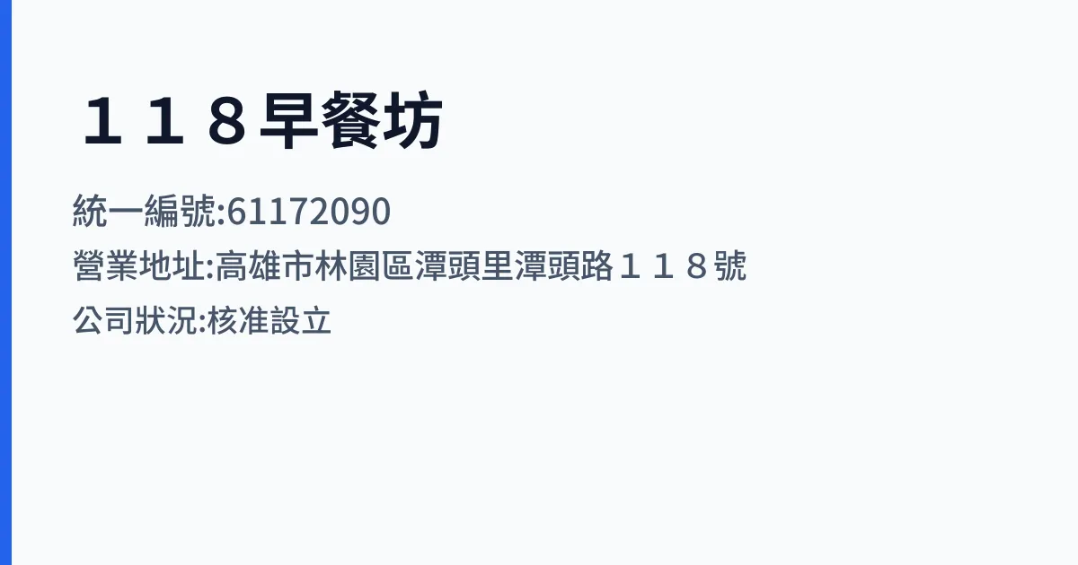 １１８早餐坊 - 統編 61172090(高雄市) 公司登記資料與營業項目詳細圖表
