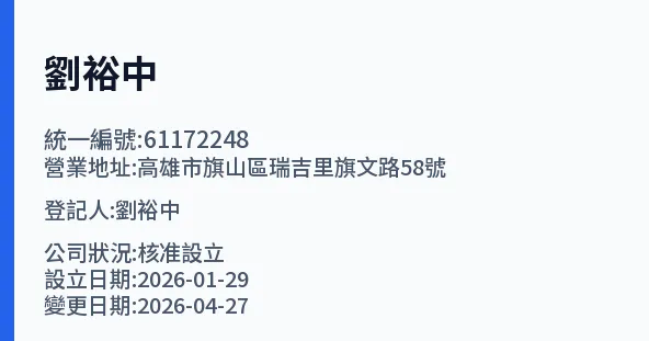 劉裕中的照片-統編 61172248(高雄市) 公司登記資料與營業項目詳細圖表