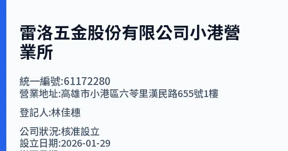 雷洛五金股份有限公司小港營業所的照片-統編 61172280(高雄市) 公司登記資料與營業項目詳細圖表