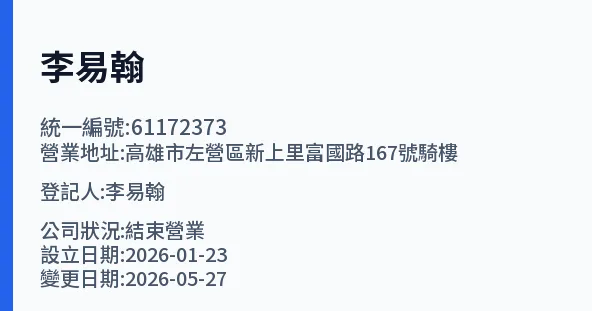 李易翰的照片-統編 61172373(高雄市) 公司登記資料與營業項目詳細圖表