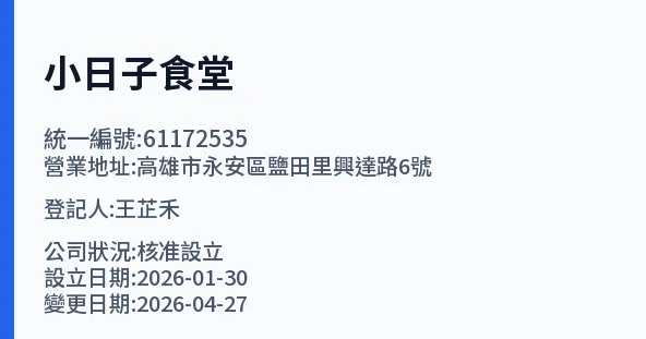 小日子食堂的照片-統編 61172535(高雄市) 公司登記資料與營業項目詳細圖表