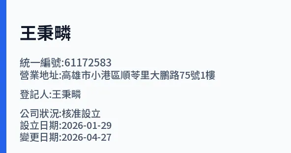 王秉疄的照片-統編 61172583(高雄市) 公司登記資料與營業項目詳細圖表