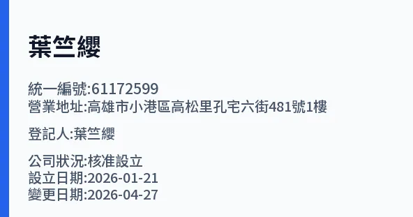 葉竺纓的照片-統編 61172599(高雄市) 公司登記資料與營業項目詳細圖表