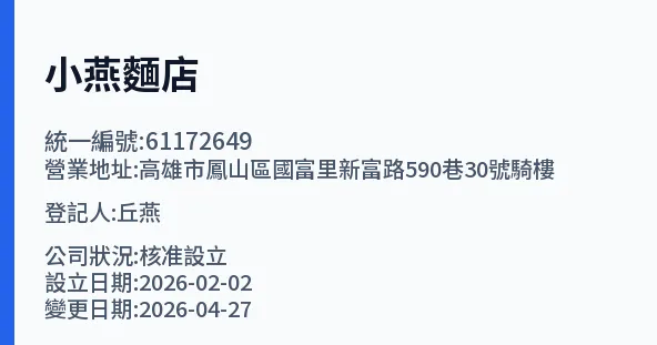 小燕麵店的照片-統編 61172649(高雄市) 公司登記資料與營業項目詳細圖表
