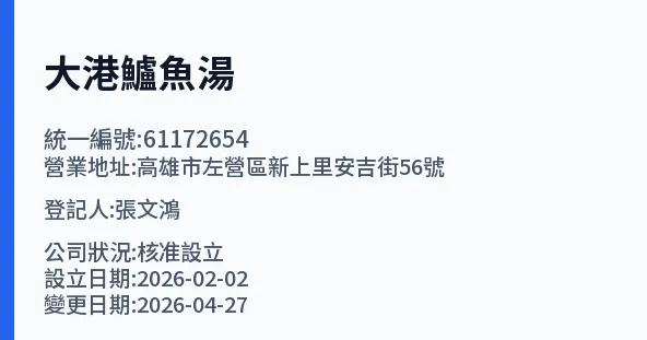 大港鱸魚湯的照片-統編 61172654(高雄市) 公司登記資料與營業項目詳細圖表