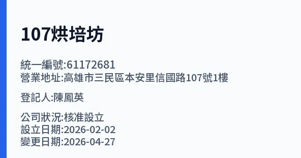 107烘培坊的照片-統編 61172681(高雄市) 公司登記資料與營業項目詳細圖表