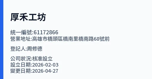 厚禾工坊的照片-統編 61172866(高雄市) 公司登記資料與營業項目詳細圖表