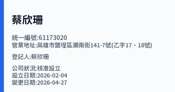 蔡欣珊的照片-統編 61173020(高雄市) 公司登記資料與營業項目詳細圖表