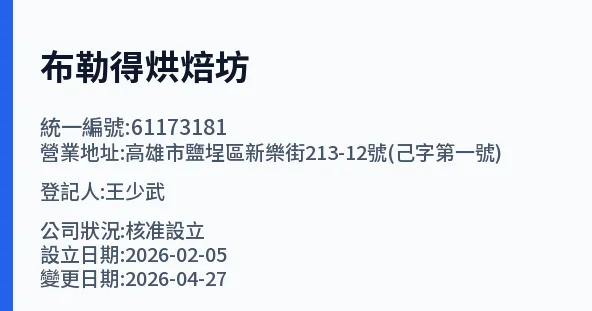 布勒得烘焙坊的照片-統編 61173181(高雄市) 公司登記資料與營業項目詳細圖表