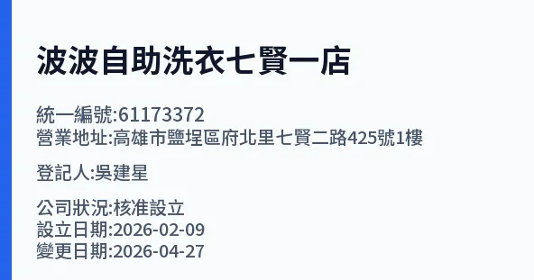 波波自助洗衣七賢一店的照片-統編 61173372(高雄市) 公司登記資料與營業項目詳細圖表