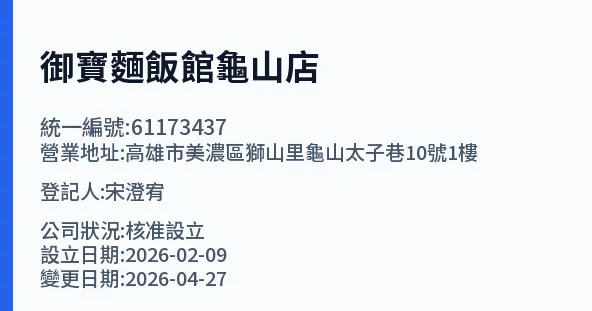 御寶麵飯館龜山店的照片-統編 61173437(高雄市) 公司登記資料與營業項目詳細圖表