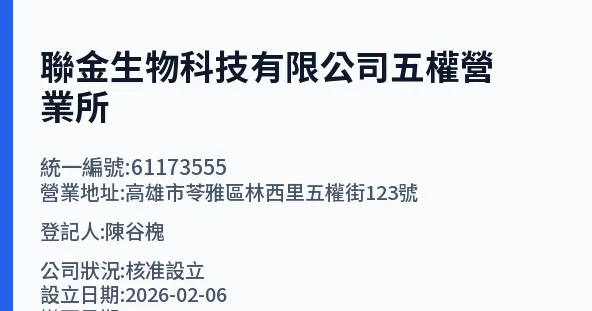 聯金生物科技有限公司五權營業所的照片-統編 61173555(高雄市) 公司登記資料與營業項目詳細圖表