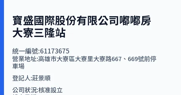 寶盛國際股份有限公司嘟嘟房大寮三隆站的照片-統編 61173675(高雄市) 公司登記資料與營業項目詳細圖表