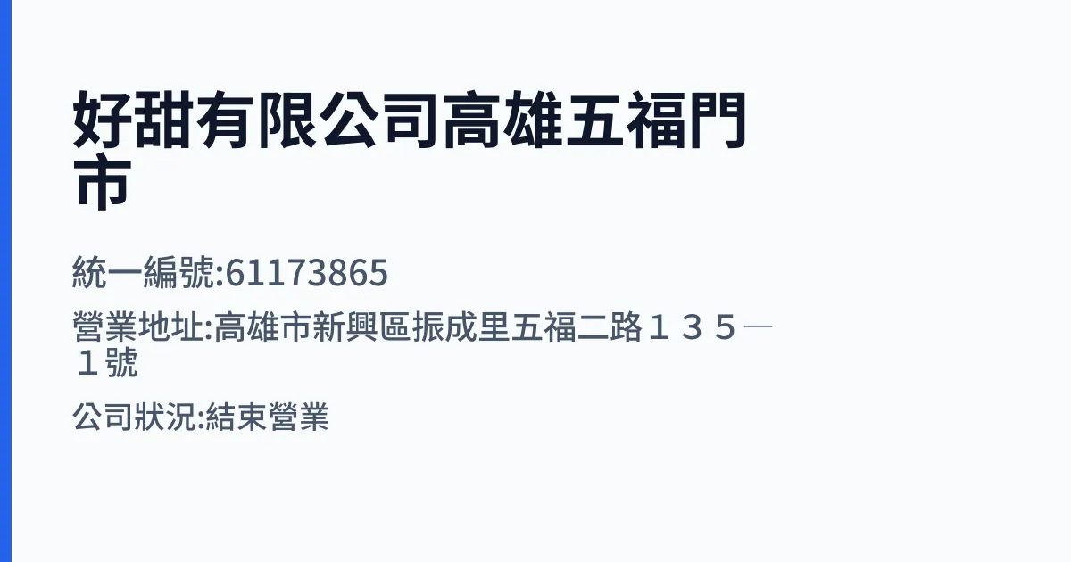 好甜有限公司高雄五福門市 - 統編 61173865（高雄市） 公司登記資料與營業項目詳細圖表