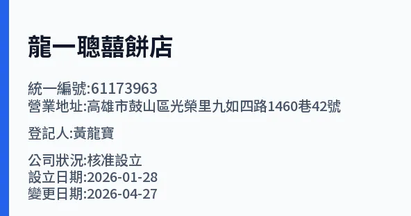 龍一聰囍餅店的照片-統編 61173963(高雄市) 公司登記資料與營業項目詳細圖表