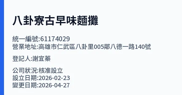 八卦寮古早味麵攤的照片-統編 61174029(高雄市) 公司登記資料與營業項目詳細圖表