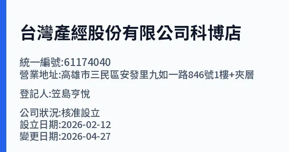 台灣產經股份有限公司科博店的照片-統編 61174040(高雄市) 公司登記資料與營業項目詳細圖表