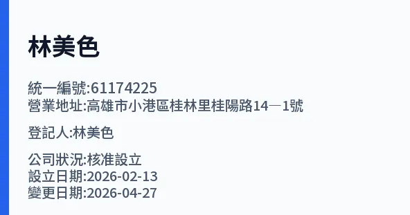 林美色的照片-統編 61174225(高雄市) 公司登記資料與營業項目詳細圖表