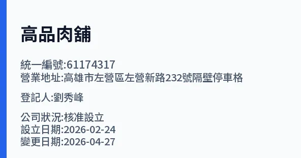 高品肉舖的照片-統編 61174317(高雄市) 公司登記資料與營業項目詳細圖表