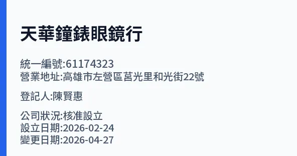 天華鐘錶眼鏡行的照片-統編 61174323(高雄市) 公司登記資料與營業項目詳細圖表
